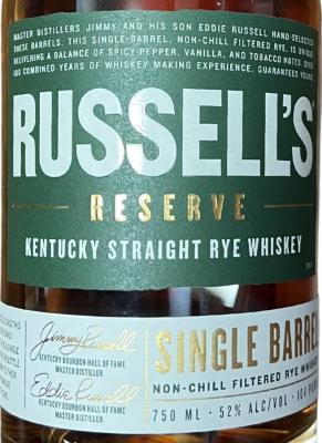 Russell's Reserve Single Barrel Rye Kentucky Straight Rye Whisky 52% ...